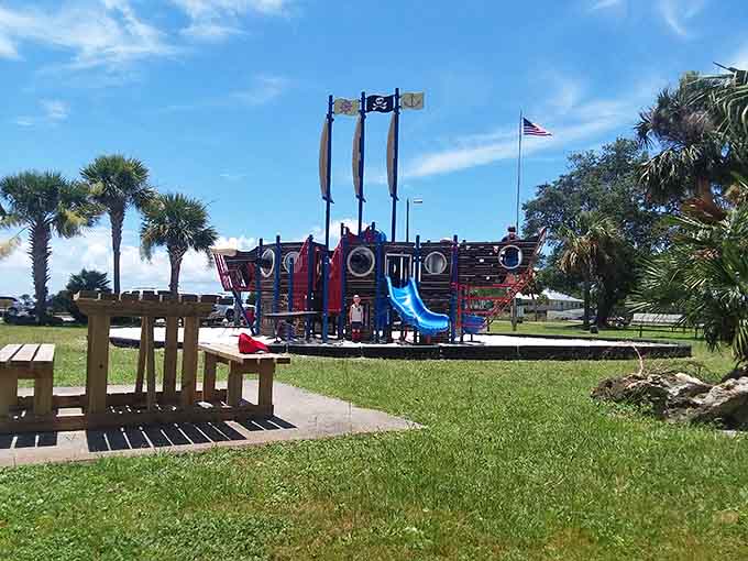 Frank Pate Park features a pirate ship playground because regular swings are apparently too boring now.