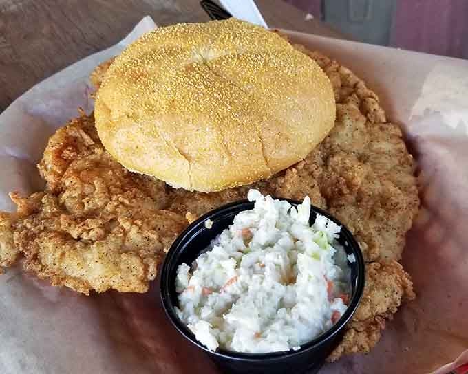 That single bun sitting atop this breaded behemoth looks adorably optimistic about its structural responsibilities ahead.