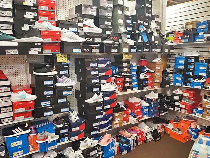 Name-brand sneakers stacked high enough to make any shoe lover's heart skip a beat, minus the heart-attack-inducing prices.
