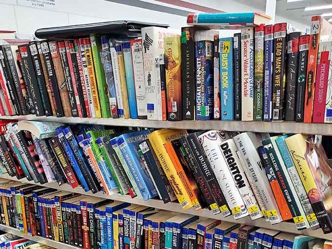 Books stacked and waiting, each spine holding stories that someone loved enough to share with strangers.