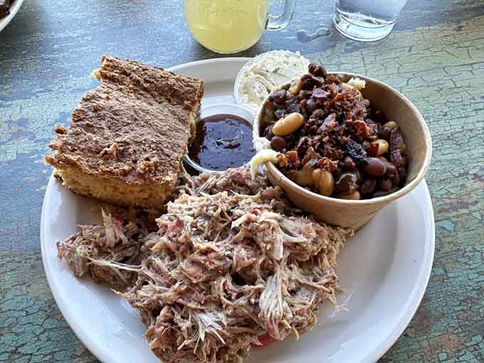Pulled pork this tender with sides this generous is exactly what your soul needs after a mountain hike.