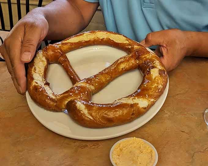 This pretzel is larger than some steering wheels and demands both hands plus serious mustard commitment from brave diners.