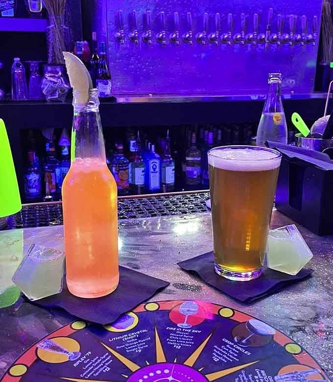 Ranch water and beer never looked so good sitting on a table that belongs in a spaceship lounge.