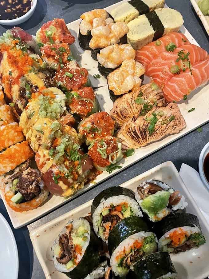 This colorful spread showcases why Portlanders happily wait in line for their sushi fix here.