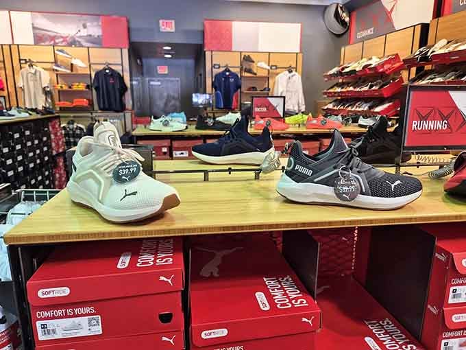 Athletic shoes displayed like art pieces, ready to cushion your feet through miles of retail therapy ahead.