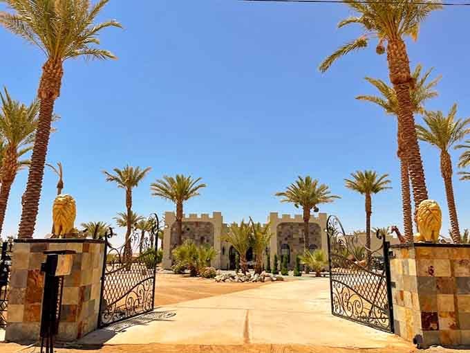 Ornate gates swing open to reveal your temporary kingdom, complete with palm trees that would confuse any visiting time traveler.