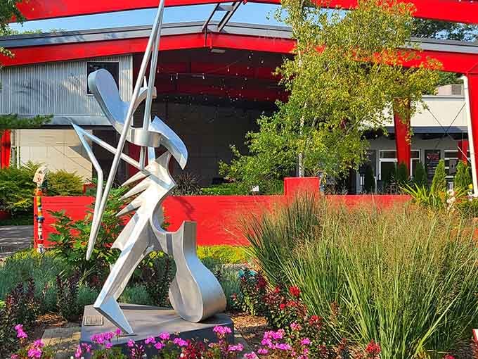 Bold red architecture meets modern sculpture, because Saugatuck takes its art seriously and its color palette even more so.