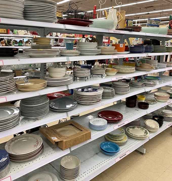 Stacks of plates reaching skyward prove someone's grandmother had excellent taste and way too many dinner parties planned.