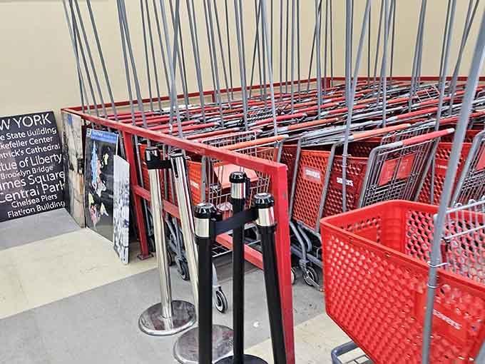 Those red shopping carts are your trusty sidekicks, ready to haul more bargains than you planned to buy today.