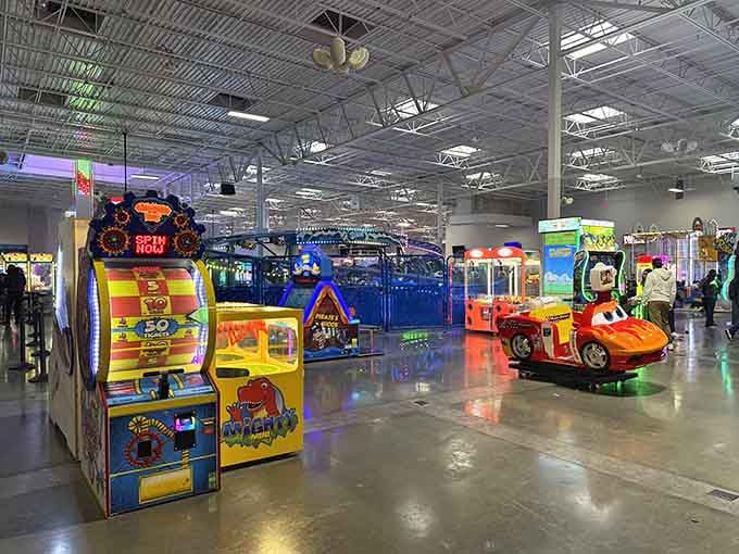 Colorful arcade games stretch endlessly across polished floors, creating a wonderland that would make Willy Wonka jealous.