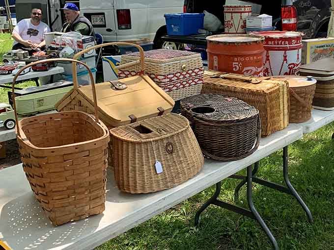 Vintage baskets lined up like they're auditioning for a country living magazine cover shoot.