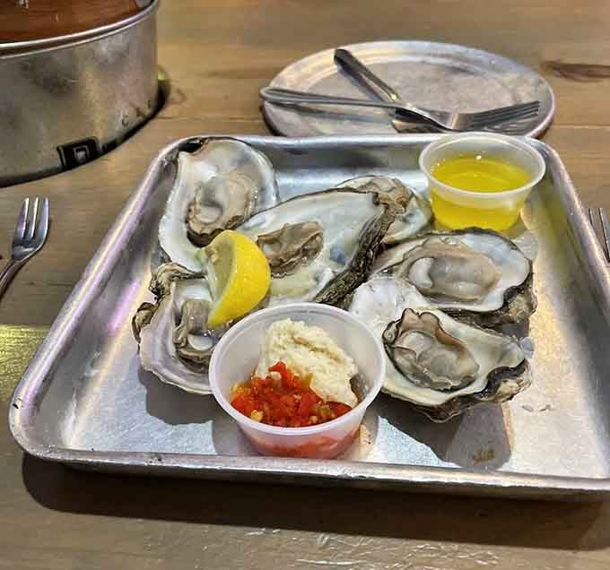 Six glistening oysters on the half shell, served with all the fixings for pure coastal bliss.