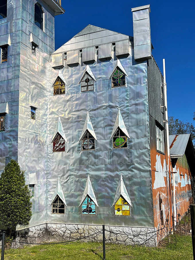 Those aren't your typical castle windows, they're colorful portals of creativity dotting a metallic masterpiece.