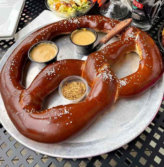 This isn't your average ballpark pretzel; it's a golden-brown masterpiece that demands respect and multiple dipping sauces.