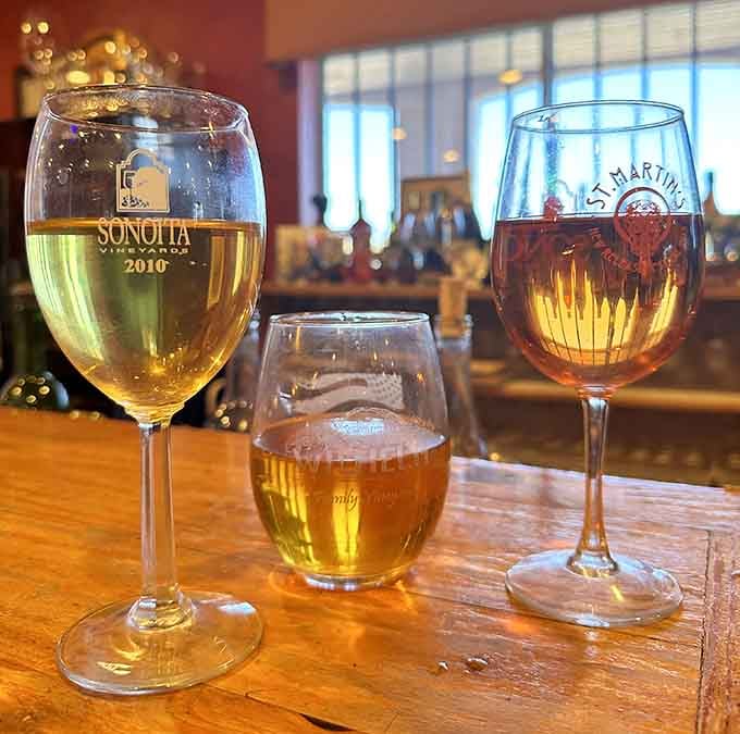 Three glasses of happiness lined up like old friends ready to tell you their life stories.