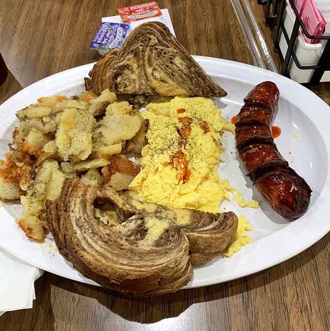 Polish sausage, eggs, and hash browns create a breakfast plate that could fuel you through an entire Michigan winter.