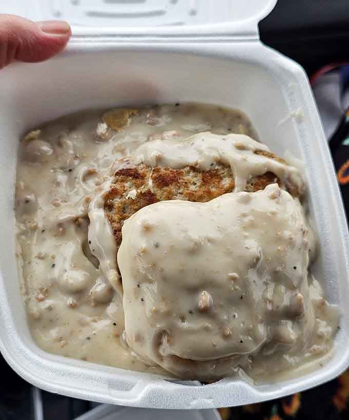 Sausage biscuits drowning in gravy: the kind of breakfast that makes you understand why mornings were invented.