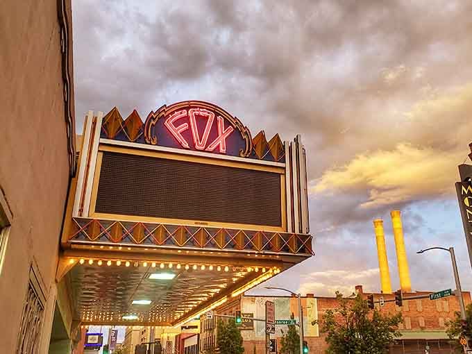 The Fox Theater's art deco marquee glows against dramatic skies, making every show feel like opening night.