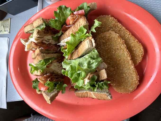 A turkey club that comes with golden fried goodness, proving sandwiches can have a fun side too.