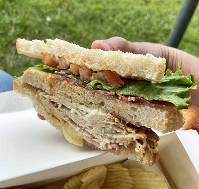 Layers of turkey, bacon, lettuce, and tomato stacked high enough to make you wonder about the physics of sandwich construction.