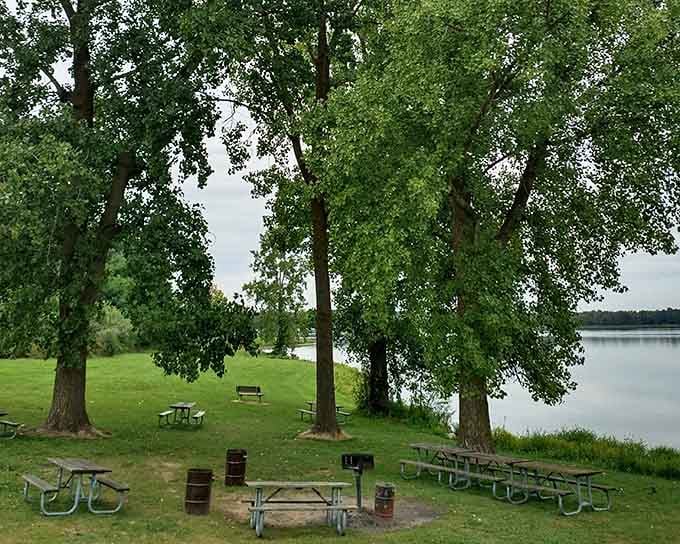 Picnic tables with a lake view beat eating lunch in your car any day of the week.