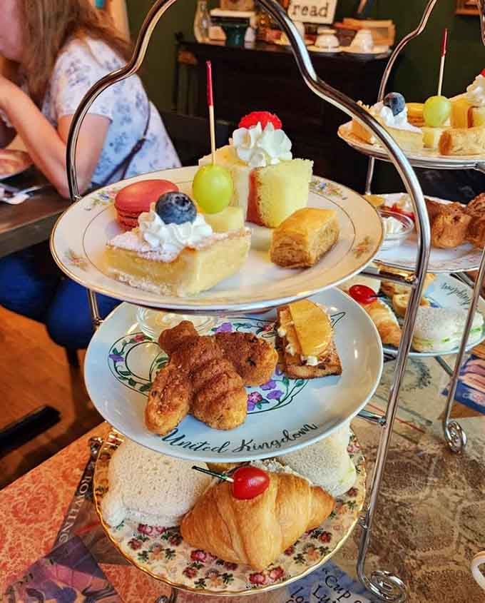 Three tiers of pure afternoon tea bliss featuring pastries, sandwiches, and treats that'll make you swoon appropriately.
