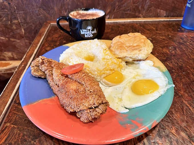 Catfish this perfectly fried paired with fluffy biscuits proves that breakfast doesn't have to follow anyone's rules but deliciousness.