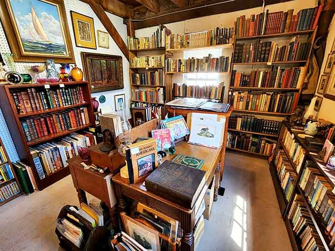 Books stacked floor to ceiling, because some treasures don't need batteries or Wi-Fi to work.
