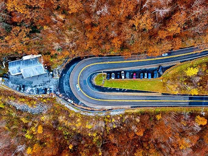 The Hairpin Turn from above looks like someone drew a perfect question mark in the mountainside.