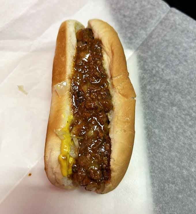 That chili doesn't just sit on top, it commits to the hot dog like a lifelong friendship.