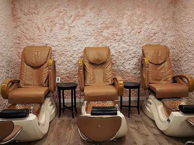 Luxurious pedicure chairs with a salt wall backdrop, combining two types of pampering into one glorious experience.
