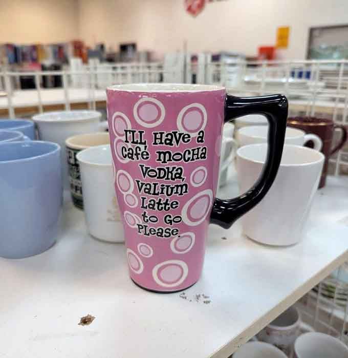 Someone's quirky mug collection becomes your morning coffee companion, complete with personality and zero judgment about your caffeine needs.