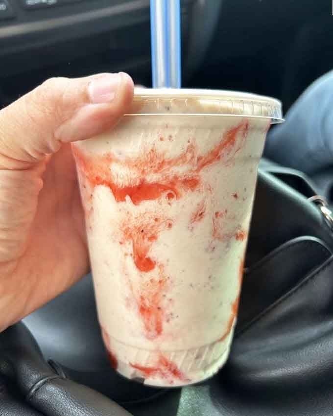 That strawberry shake swirl is basically edible art, and yes, it tastes as good as it looks.