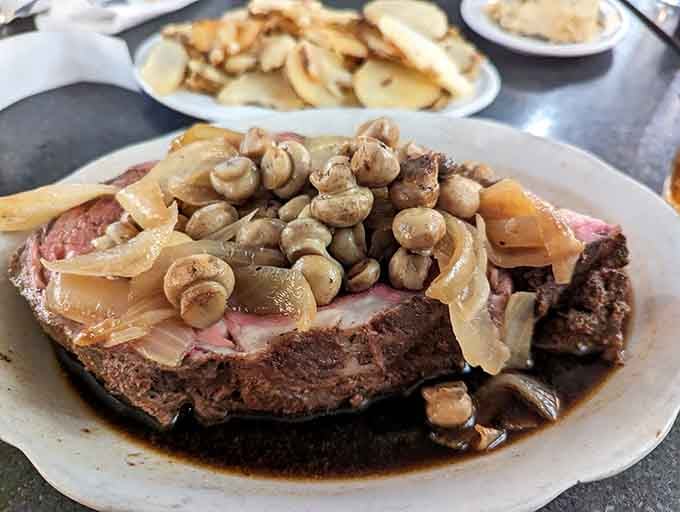 When mushrooms and onions join the party, this prime rib becomes an absolute showstopper worth the drive.
