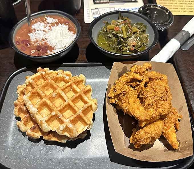 Chicken and waffles with all the fixings: because sometimes breakfast and lunch should just get along and collaborate beautifully.