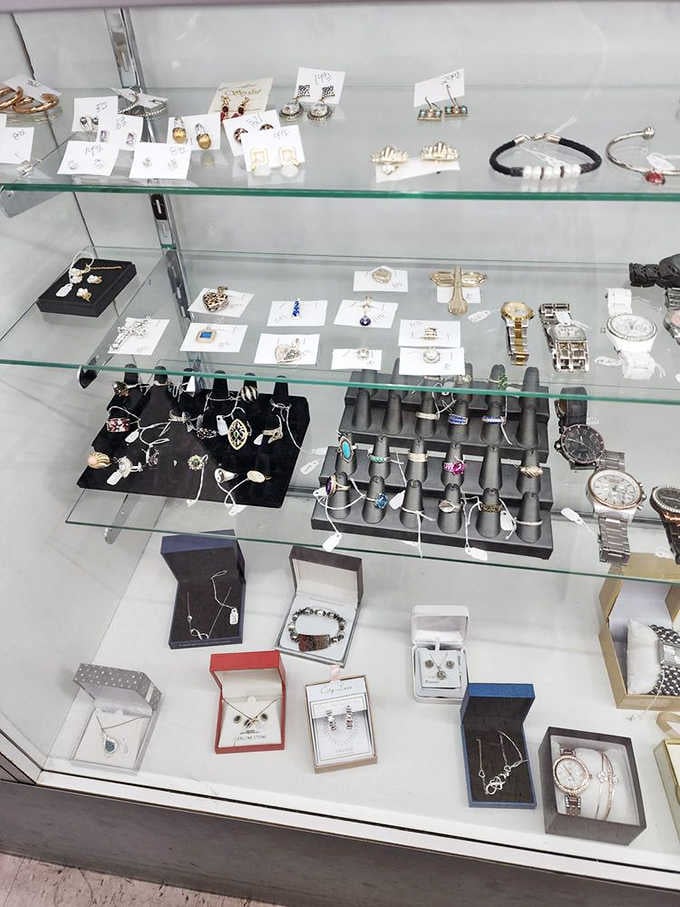 Jewelry displayed in actual cases, not tangled in a sad pile like your grandmother's junk drawer.