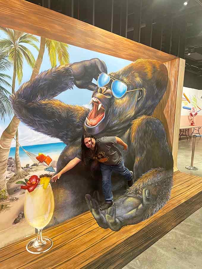 This gorilla's beach vacation got interrupted, and he's not happy about sharing his tropical cocktail with you.