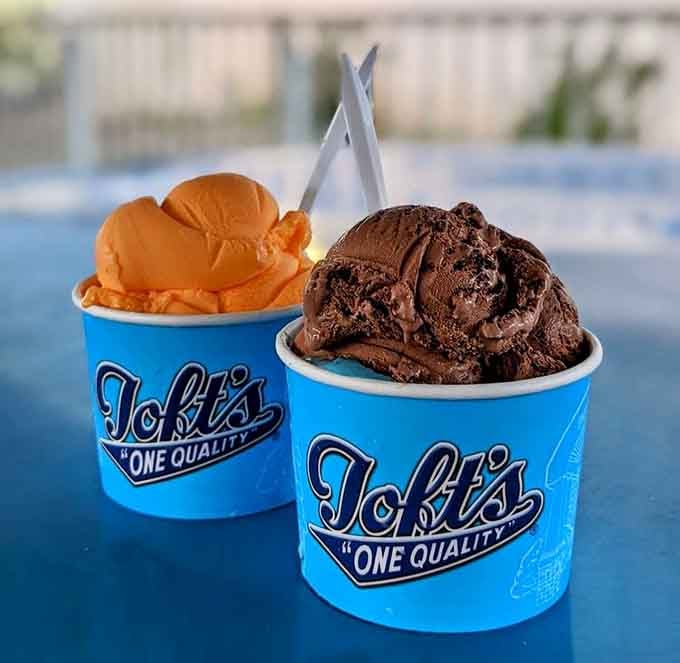 Orange sherbet meets brownie bandit in cups that showcase Toft's signature blue branding and serious flavor credentials.