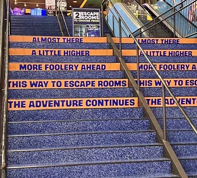 Even the stairs deliver motivation, reminding you that more foolery awaits just a few steps higher in this wonderland.