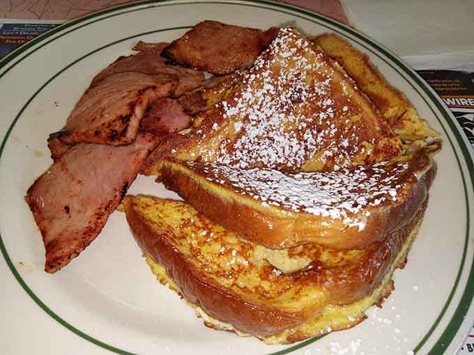 French toast with a powdered sugar snowfall that would make Bing Crosby jealous, bacon included naturally.