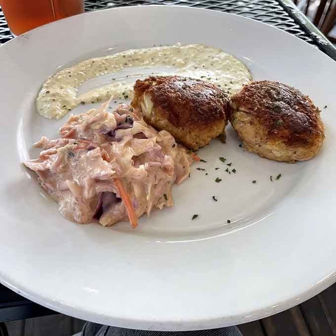 Golden crab cakes that could make a Marylander weep with joy, served with creamy sauce and slaw.