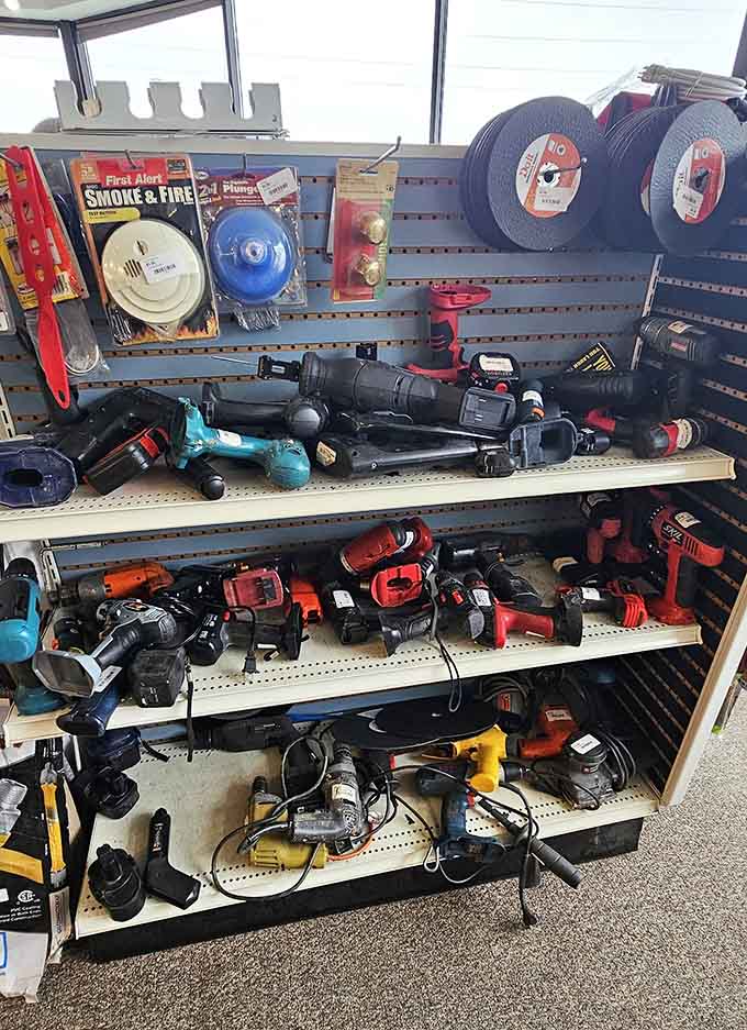 Power tools lined up like a hardware store had a yard sale, minus the intimidating price tags.