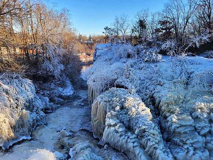 Winter transforms the gorge into a frozen wonderland where ice sculptures form naturally, no artist required.