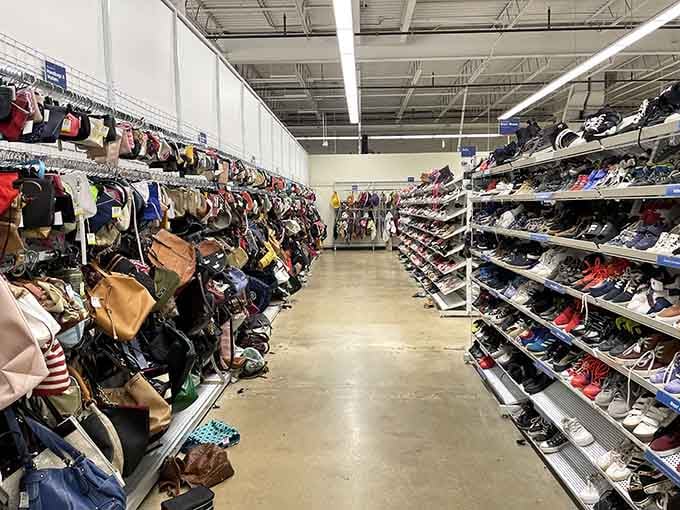 Handbags and shoes line up like a fashion runway where every item costs less than your morning coffee run this week.