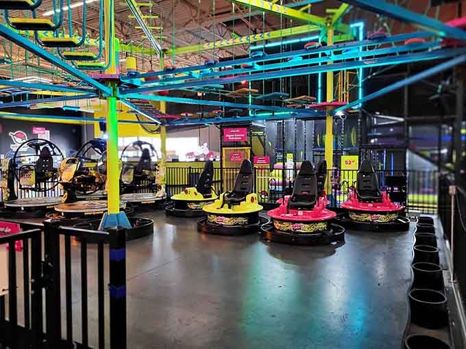 Bumper cars with overhead tracks prove that sometimes the best ideas involve controlled vehicular mayhem indoors.