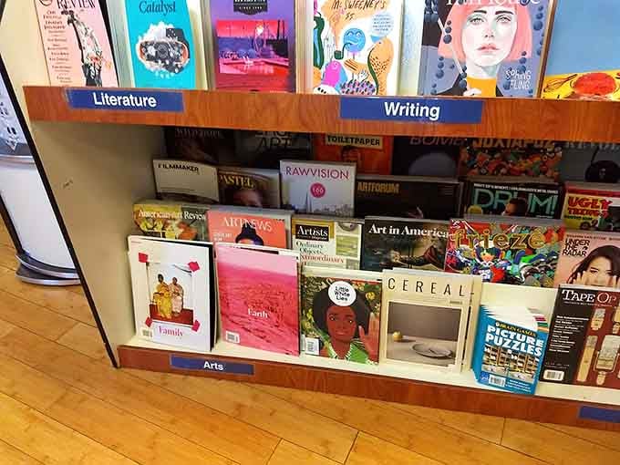 Village Books and Paper Dreams art and literature shelf showcases colorful magazines and books for creative souls everywhere.