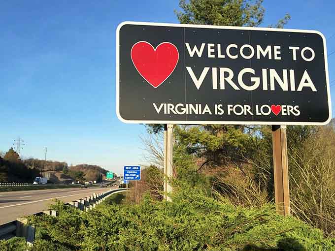 Clear skies, open roads, and that reassuring sign telling you you've crossed into Virginia territory successfully.