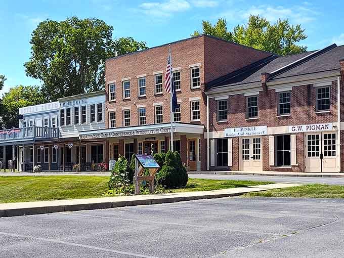 These recreated storefronts look like Main Street USA before Disney trademarked the concept and sold tickets.