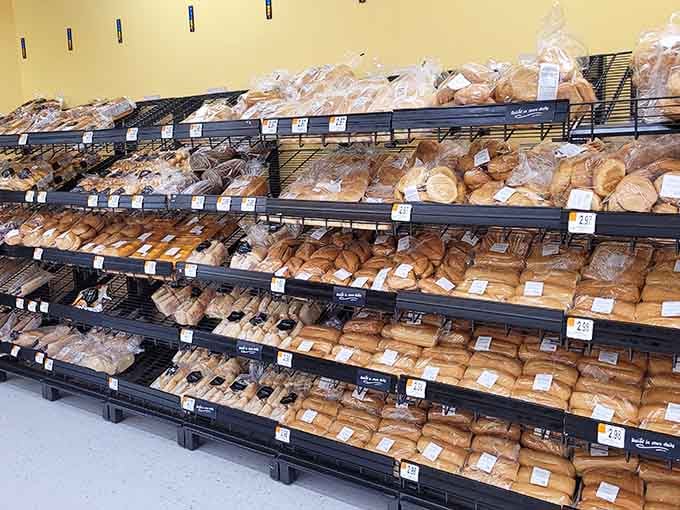 Bread aisles stretching into the distance like a carb lover's fever dream come gloriously true.