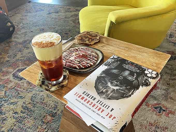 That layered coffee drink and chocolate-drizzled cookie prove that not all reading fuel needs to be alcoholic.